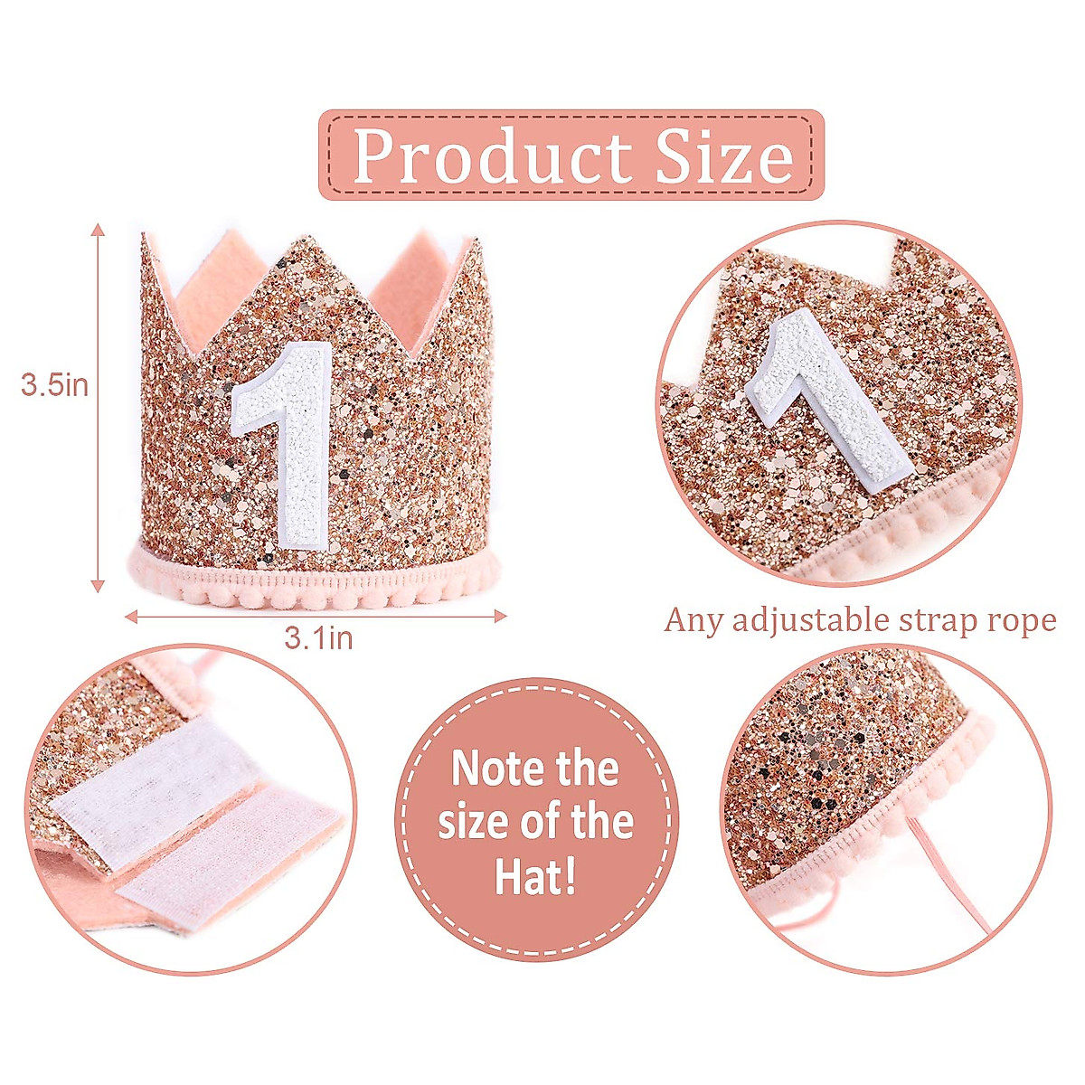 Glitter Birthday Crown - Photo Booth Props, Party Hat for Baby's 1st Birthday (Pink and Gold)