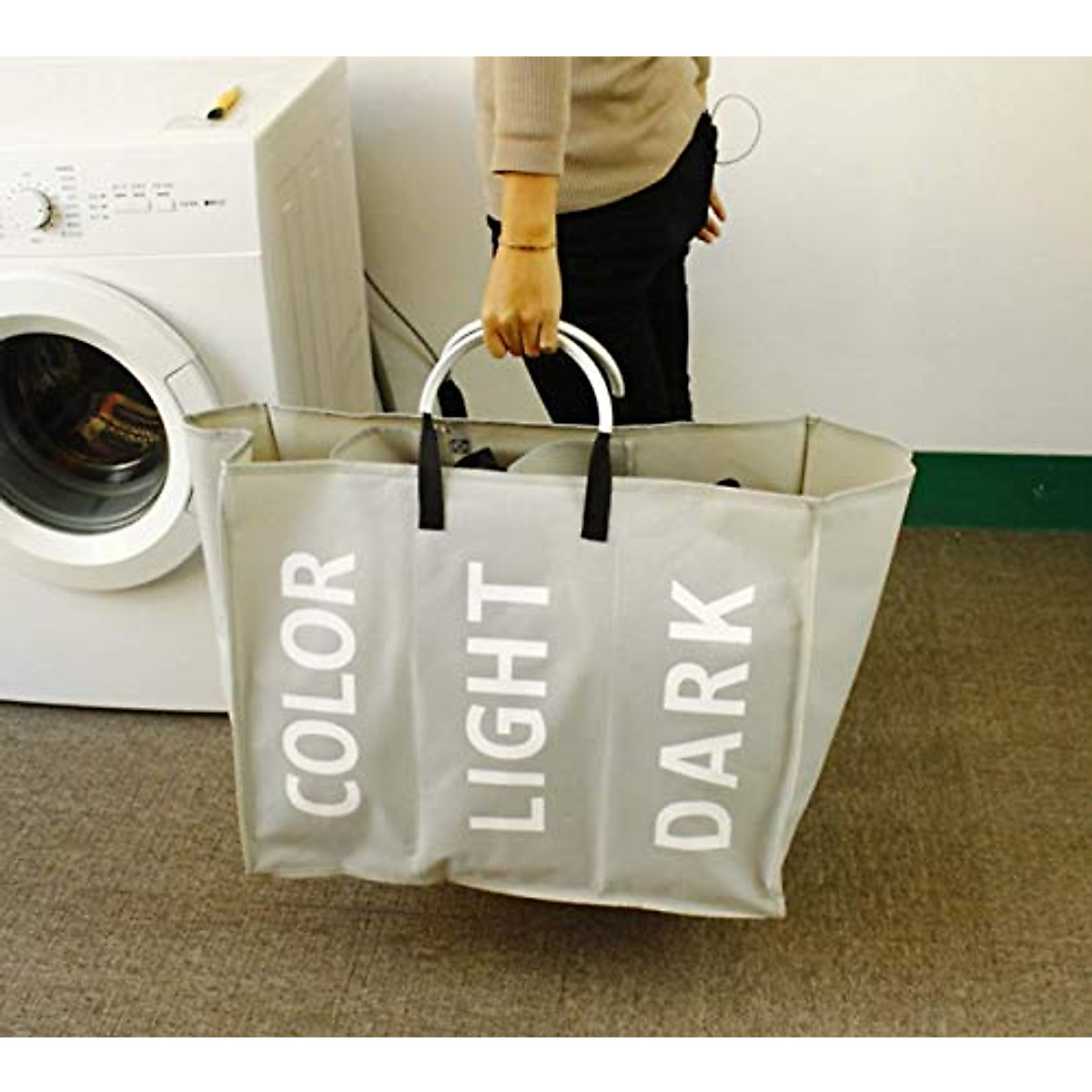 Elonglin Large Collapsible Washing Laundry Basket Bag with 3 Compartment Laundry Hamper Foldable College Laundry Bags,Waterproof Portable Storage Bag with Carry Aluminium Handles light grey