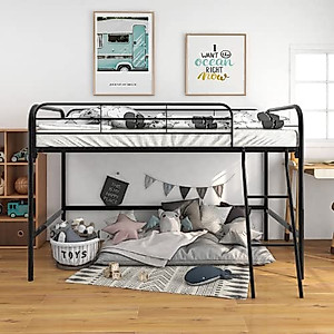 Majnesvon Metal Low Loft Bed Twin Size with Sturdy Steel Frame, Twin Loft Bed Frame with Ladder and Safety Guardrails, Storage Space Under The Bed for Kids, Toddlers, Teens (Black)