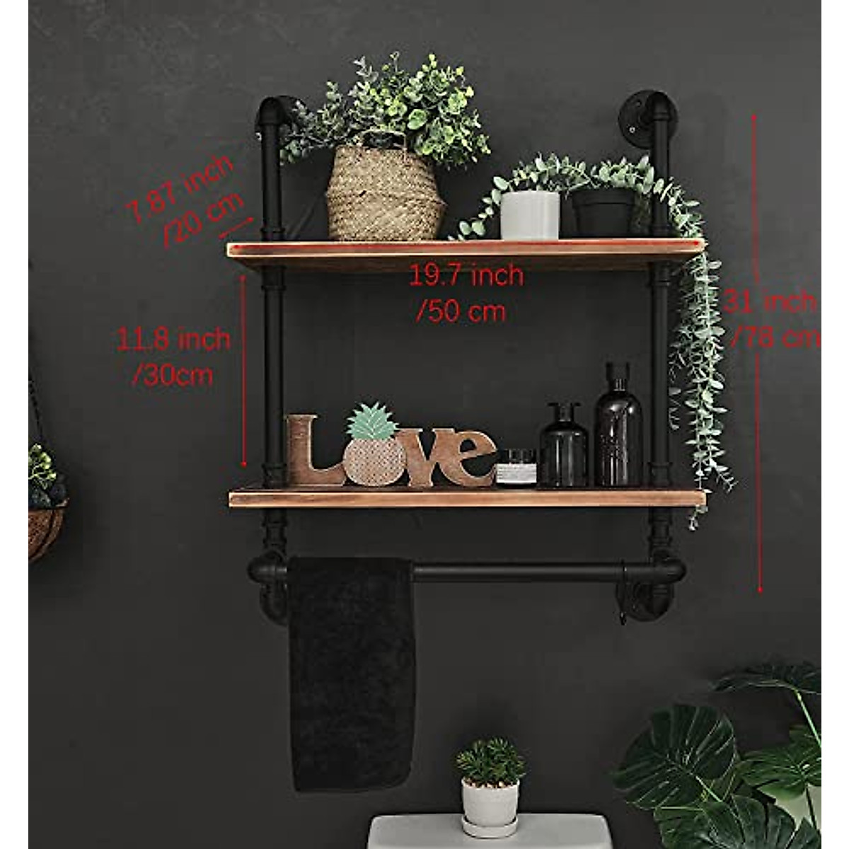 HDDFER Industrial Pipe Shelving Bathroom Shelves with Towel Bar Rustic Floating Pipe Wall Shelves with Wood Planks, 20 Inch Farmhouse Bathroom Shelves Over Toilet Wall Mounted