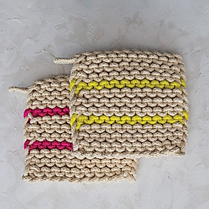Creative Co-Op Square Cotton Crocheted Neon Stripes, Set of 2 Styles, Multicolor Pot Holder, Multi