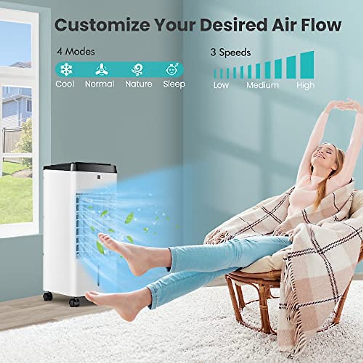LDAILY 3-in-1 Evaporative Air Cooler, Wide Oscillating Air Cooler w/ 4 Modes, 3 Speeds, 2-12H Timer, Remote Control & 2 Ice Packs, 3.5L Water Tank, Air Cooler for Room Home Office