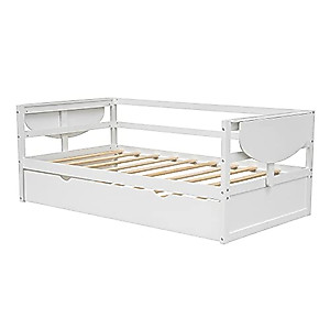 Harper & Bright Designs Daybed with Trundle and Side Foldable Table, Wood Twin Size Sofa Bed Frame with Wood Slat Support, Twin Bed Frame for Bedroom, Living Room (White)