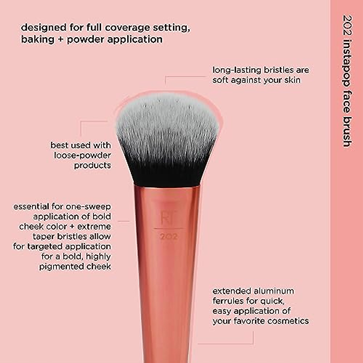 Real Techniques InstaPop Face Brush, For Liquid, Cream, & Powder Makeup, Blush, Bronzer, & Foundation Face Brush, Loose & Pressed Powder, Synthetic Bristles, Cruelty-Free & Vegan, Orange, 1 Count