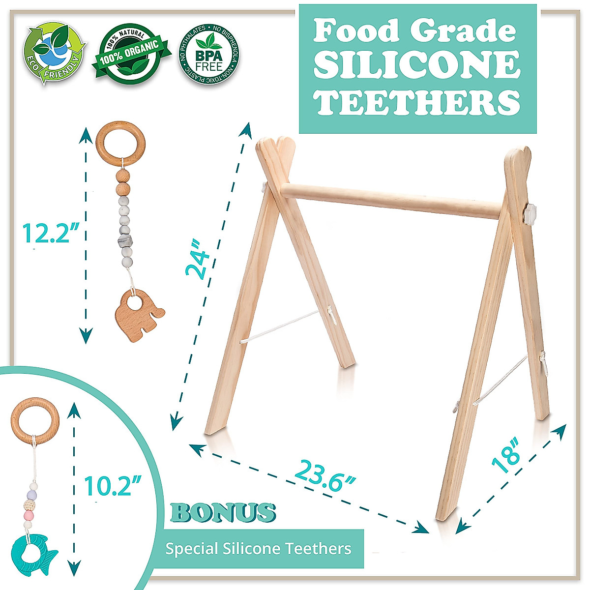 LAVIELLE Wooden Baby Gym Set with 6 Hanging Teethers, Montessori Foldable Play Gym for Newborns, Ideal Nursery Activity Center, Perfect Giftable Toy Set