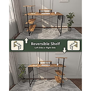 Innerjoin 47 inch Computer Desk with Shelves, Home Office Desk with Monitor Stand, 4 Tier Shelves, Storage Bag, Metal Frames, Rustic Brown