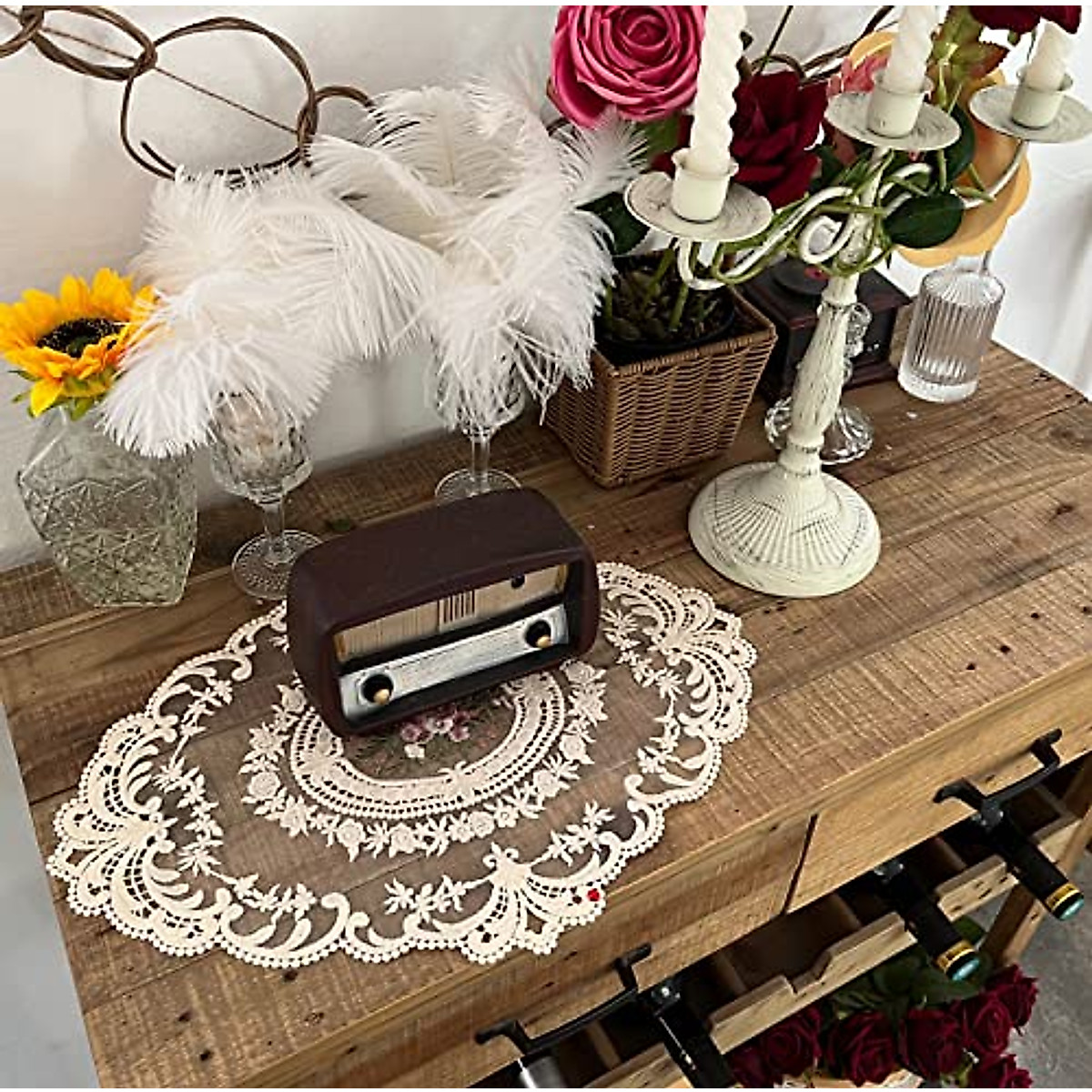 2PACK Retro French Style Lace Placemats Fashionable Embroidered Cup Mat vase mat 12”x16”,Beige