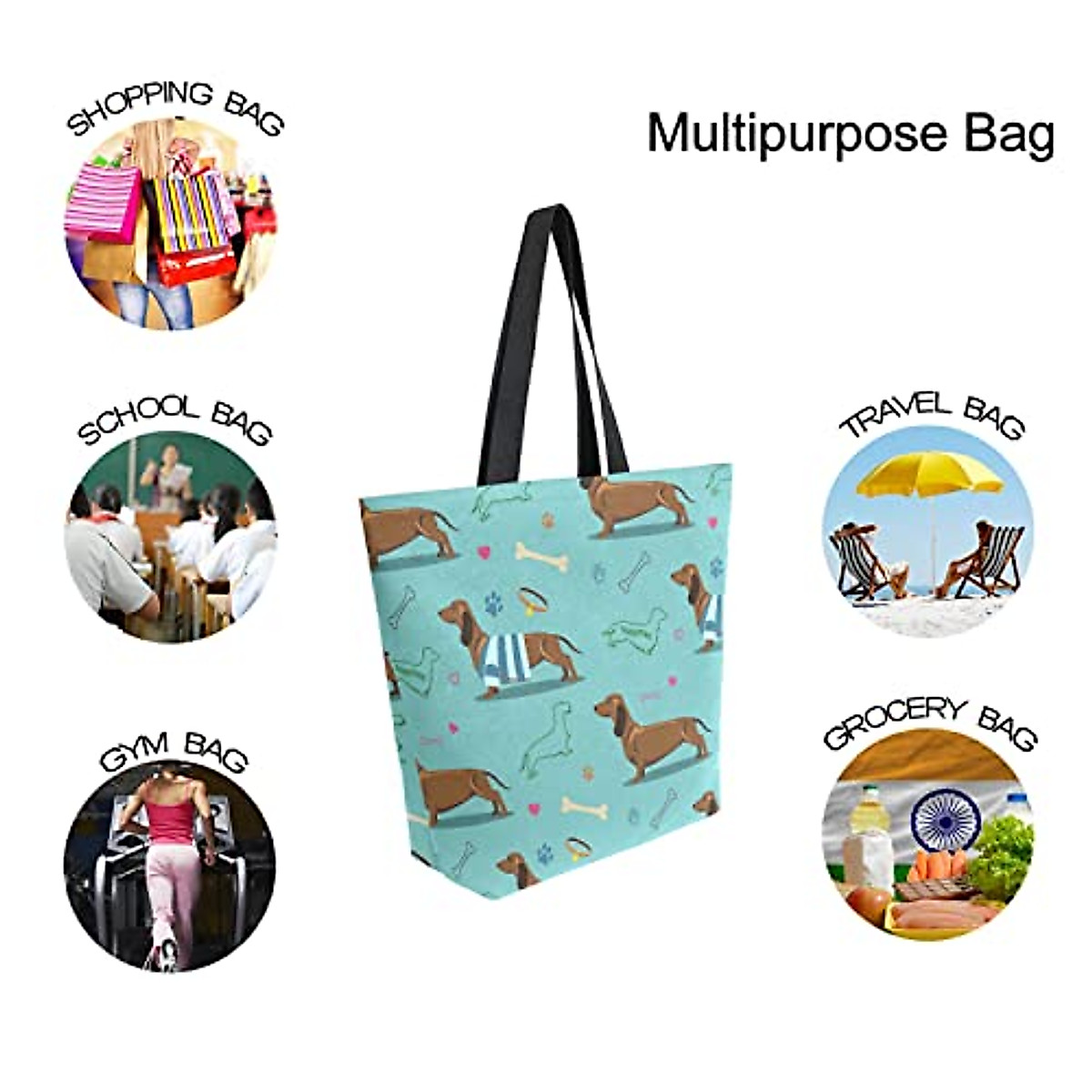 ALAZA Cute Dachshunds Puppy Dog Bone Canvas Tote Bag Large Women Casual Shoulder Bag Handbag,Shopping Grocery Cotton Bag Reusable,Multipurpose,Heavy Duty For Outdoors Weekender Travel