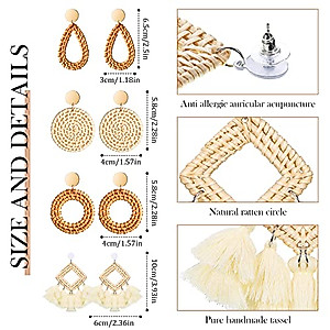 Straw Purses Bags Woven Summer Clutch Purses Crossbody Shoulder Handbag Bag with 4 Pairs Earrings Rattan Boho Earrings for Women Girl (Round Tassel Style)