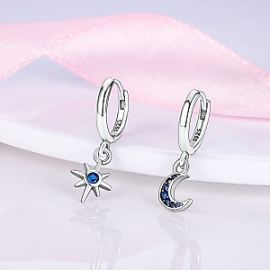 NARMO Dangle Drop Earrings 925 Sterling Silver Star&Moon Earrings Blue Cubic Zirconia Hoop Earrings for Women