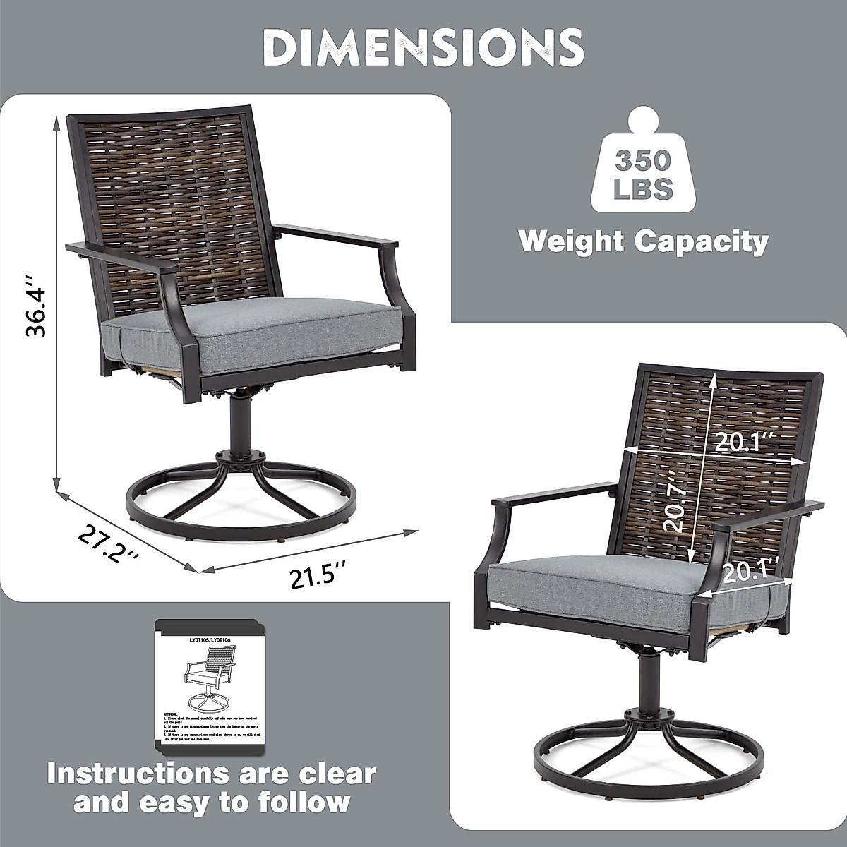 MELLCOM Patio Swivel Chairs Set of 2, Heavy Duty Outdoor Swivel Chairs with Removable Cushions, Patio Rattan Wicker Decoration Chairs for Garden Lawn & Porch, Backyard, Balcony, Gray