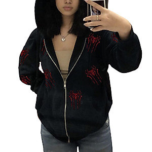 Kodaruber Women Y2K Spider Web Hoodies Punk Jackets Streetwear Goth Harajuku Oversized Vintage Graphic Full Zip Up Hoodie(Red Spider Black,X-Large)