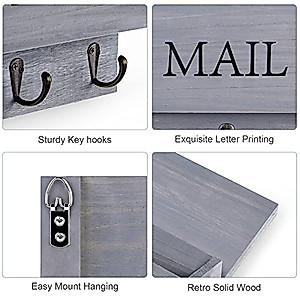 DLQuarts Mail Organizer with Key Holder for Wall Decorative Mail Sorter Wall Mounted, Wooden Mail Holder with 3 Hooks, Gray