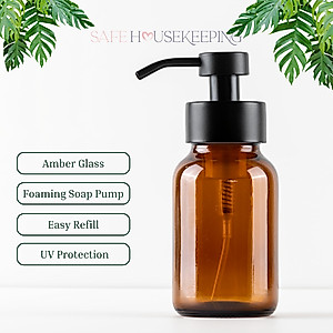 Refillable Foaming Soap Dispensing Bottle - Amber Glass - Matte Black Stainless Steel Foaming Pump - Apothecary Style for Modern bathrooms and Kitchens (Includes Labels)