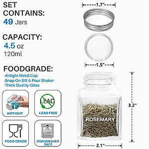 MIUKAA 49-Pack Cube Glass Spice Jars with 372 Labels, 49 Shakers, Lids, 4.5 oz Empty Square Spice Bottle, Reusable Clear Kitchen Spice Storage Containers
