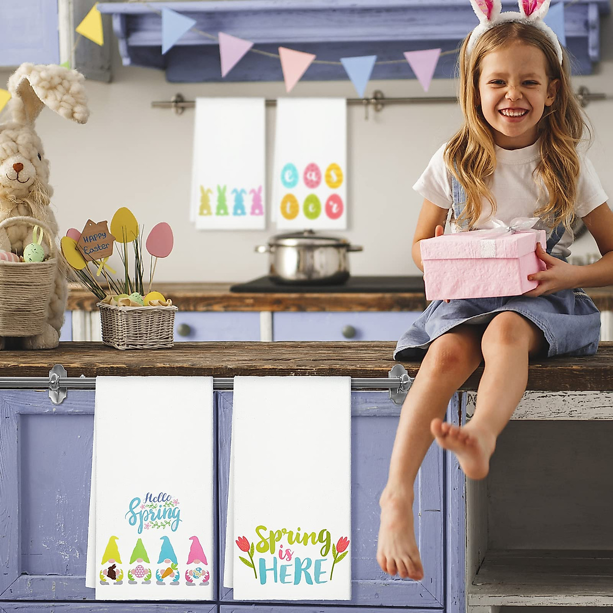 Breling 4 Pieces Easter Kitchen Towels 23.6 x 15.7 inches Easter Bunny Eggs Rabbit Hand Towels Spring Happy Easter Gnomes Kitchen Towels Holiday Cloth Dish Towels for Cooking Baking