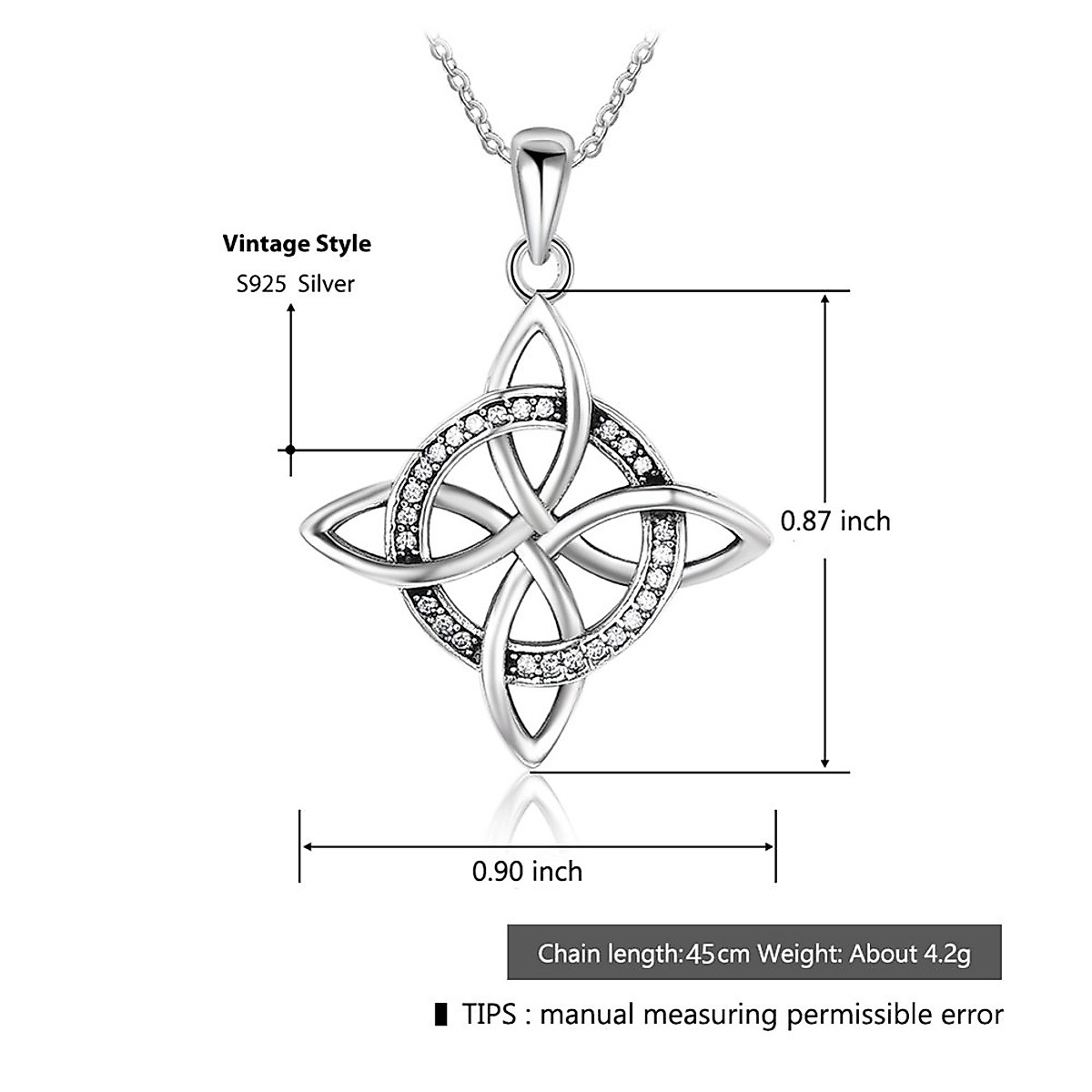 SQKXKLCZ 925 Sterling Silver Celtic Four Corner Knot Good Luck Pendant Necklace, Rolo Chain 18"
