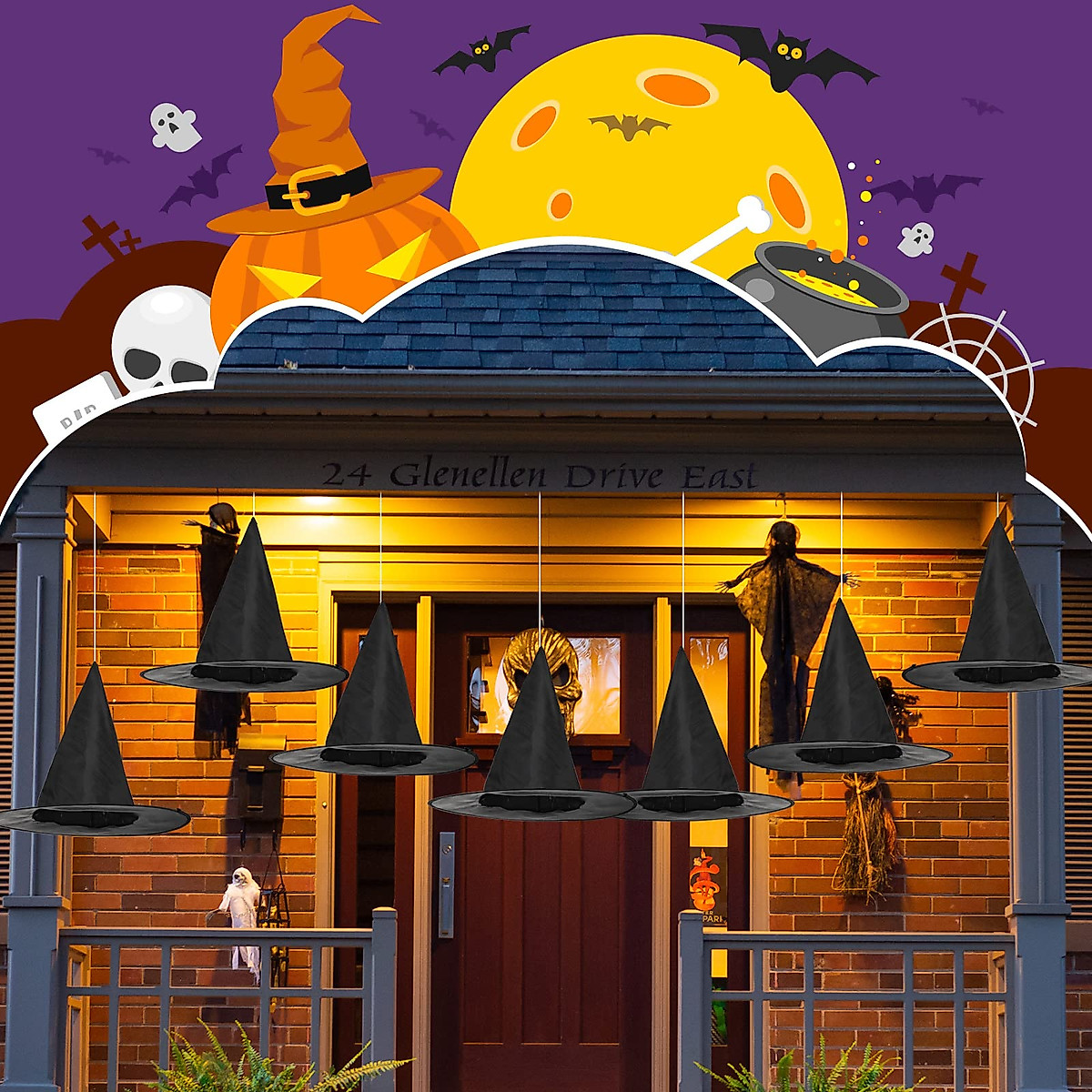 SATINIOR Witch Hat Halloween Costume Witch Hat Hanging Witch Hat with Hanging Rope Accessory and Transparent Seamless Hooks (Classic,12 Pcs)