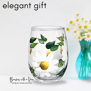Hand Painted White Daisy Flower Stemless Wine Glass, Gift for her, Daisy Flower Wine Glass 15 oz