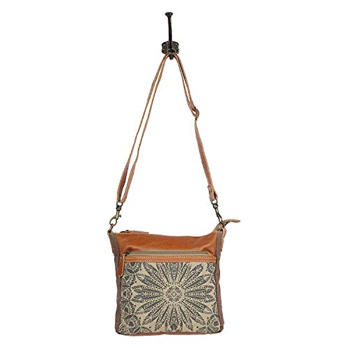 Myra Bag Dizzy Circle Upcycled Canvas & Leather Small Crossbody Bag S-1556, Brown,