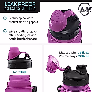 Nomader BPA Free Collapsible Sports Water Bottle - Foldable with Reusable Leak Proof Twist Cap for Gym Travel Hiking Camping and Outdoors - 22 oz (Purple)