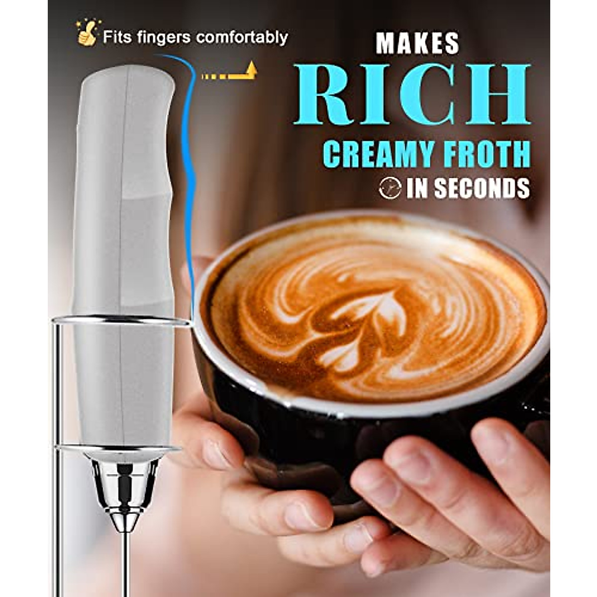 Nahida Handheld Milk Frother for Coffee with Stand， Rechargeable Drink Foam Mixer with 3 Heads 3 Speeds Electric Stirrers for Latte, Cappuccino, Hot Chocolate, Egg, Cord-Free
