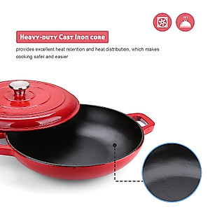 Puricon Enameled Cast Iron Casserole Braiser Pan 3.8 Quart, 12 Inches Enamel Cookware Skillet with Lid and Dual Handles -Red