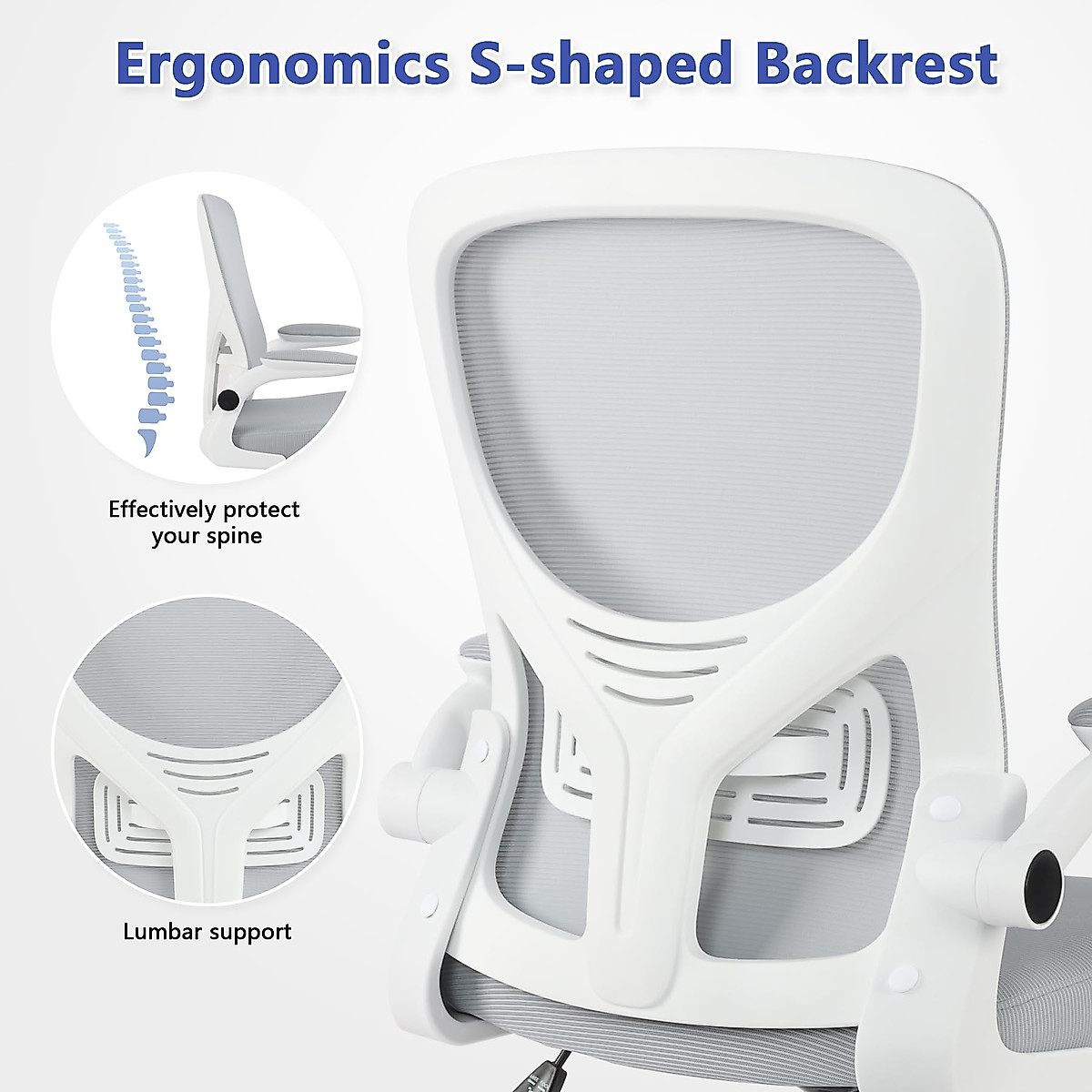 Hyrestii Home Office Chair Ergonomic Desk Chair with Lumbar Support, Breathable Mid-Back Comfortable Mesh Computer Chair with PU Silent Wheels, Flip-up Armrests, Tilt Function