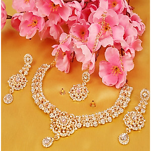 Touchstone Indian Bollywood Contemporary Fabulous Style Definition Rhinestone Designer Jewelry Wedding Necklace Set In Gold Tone For Women.