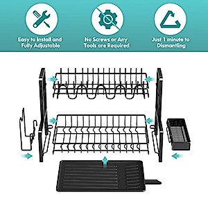 BOOSINY Dish Drying Rack and Drainboard Set for Kitchen Counter, 2 Tier Large Stainless Steel Sink Organizer Dish Racks with Cups Holder, Utensil Holder, Dish Strainer Shelf (Black)