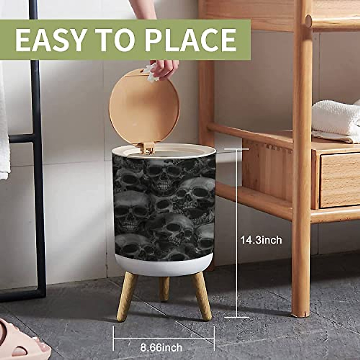 Small Trash Can with Lid for Bathroom Kitchen Office Diaper Black white human skulls Monochrome ornament Scary Halloween Suitable Bedroom Garbage Trash Bin Dog Proof Waste Basket Cute Decorative