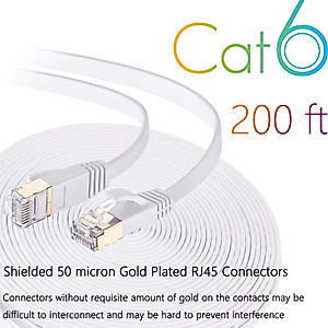 Flat Cat6 Ethernet Cable 200 Ft with Cable Clips, comtelek cat 6 Ethernet Rj45 Patch Cable, Slim Network Cable, Thin Internet Computer Cable - 200 Feet White(60 Meters)…