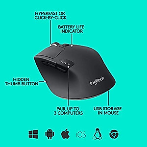 Logitech M720 Wireless Triathlon Mouse with Bluetooth for PC with Hyper-Fast Scrolling and USB Unifying Receiver for Computer and Laptop - Black (Renewed)