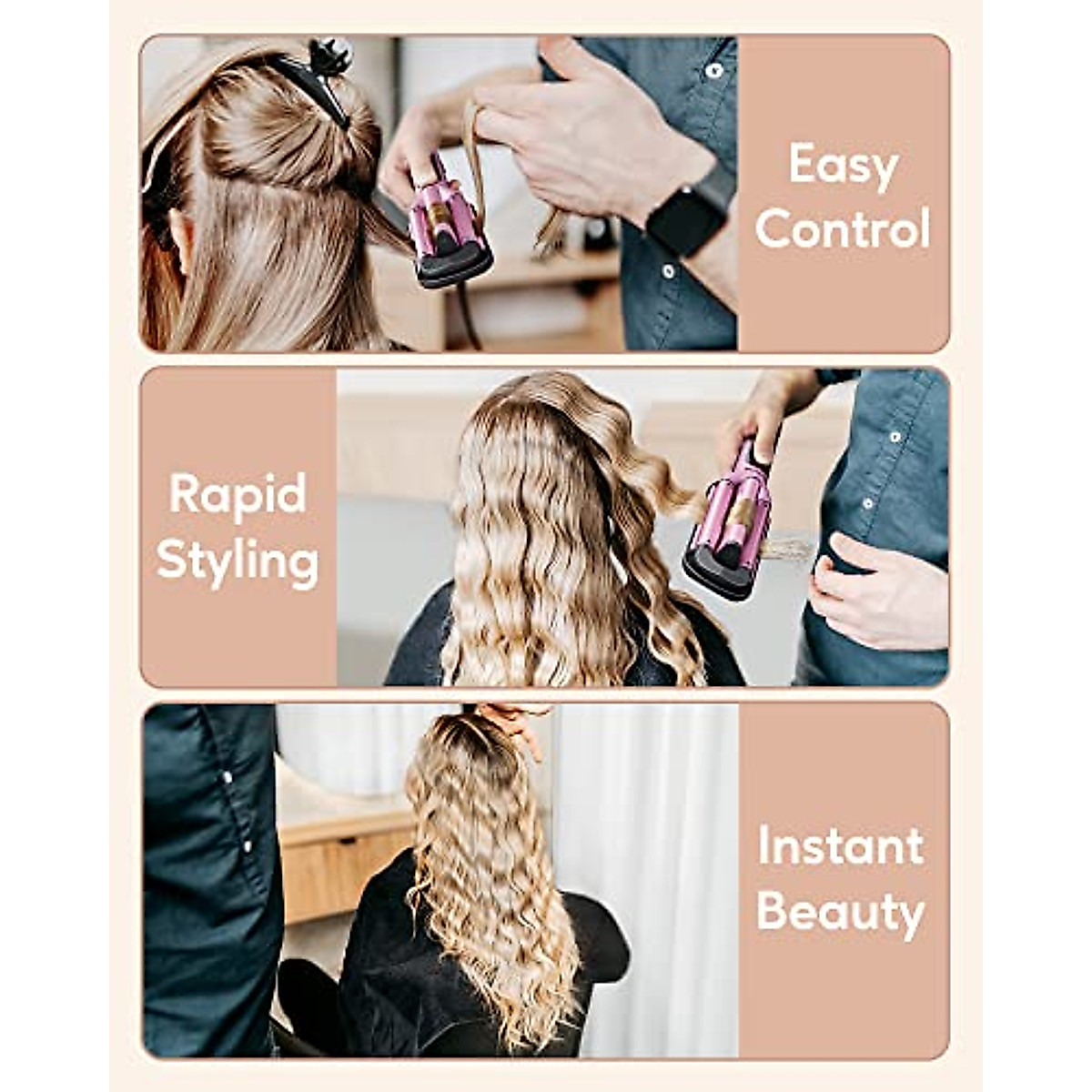Wavytalk Beach Waves Curling Iron 3 Barrel Deep Hair Waver Hair Crimper Ceramic Curling Wand Beachy Waving Wand Hair Iron Adjustable Heat 300℉ - 420 ℉ Dual Voltage Pink