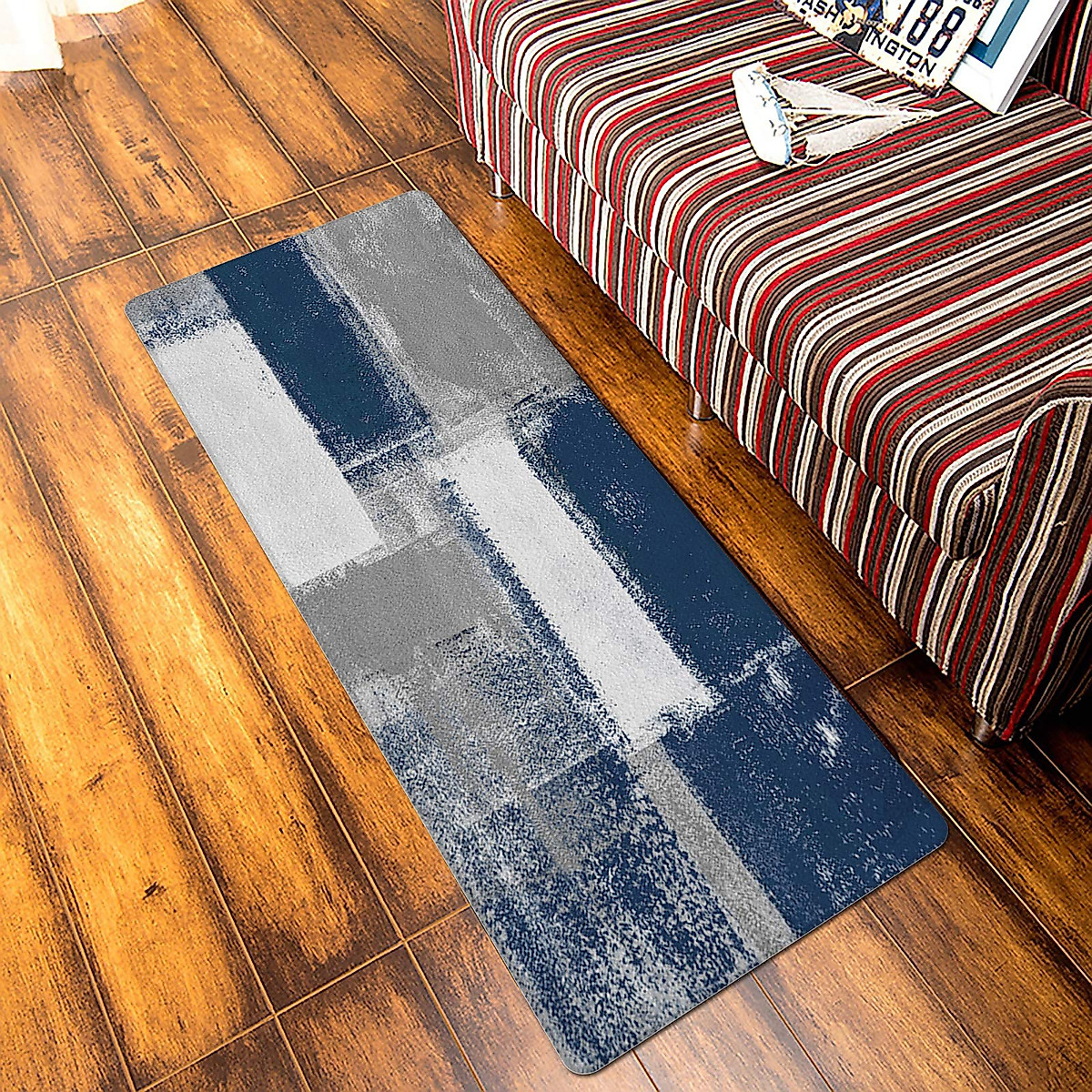 Abstract Geometric Patchwork Oil Painting Blue Grey White Antifatigue Kitchen Bath Door Mat Cushioned Runner Rug,Washable Welcome Floor Sink Mat,Waterproof & Non-Slip Comfort Standing Doormat,18"x30"