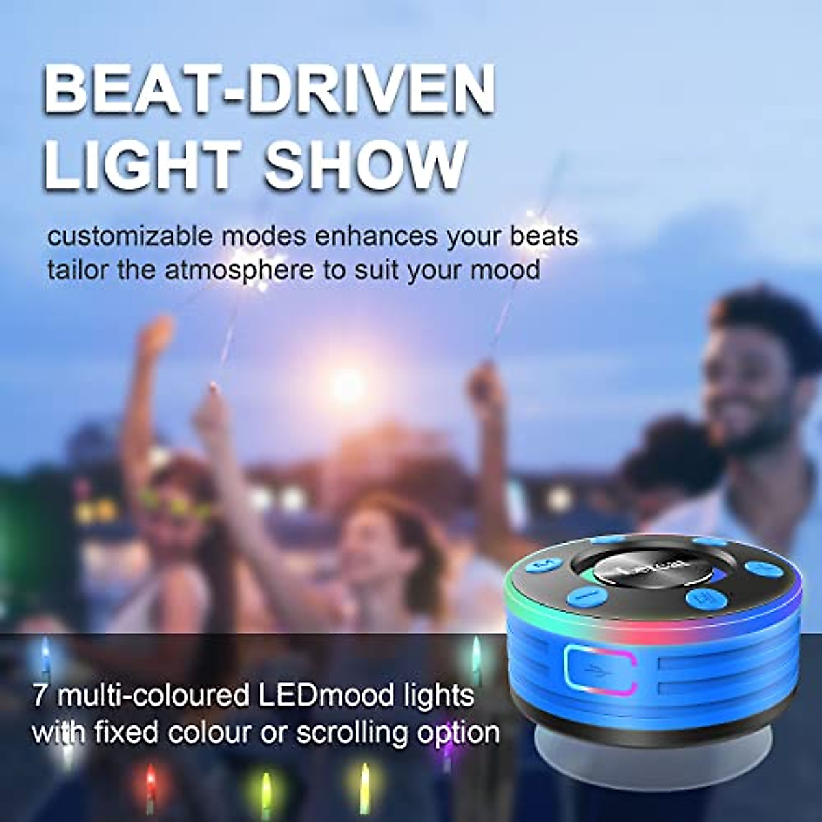 Bluetooth Shower Speakers, Portable Wireless Outdoor Speaker with HD Sound, Bluetooth Speaker with 8H Playtime, FM Radio, Handsfree LED Light Show with Suction Cup, IPX7 Waterproof for Travel/Party