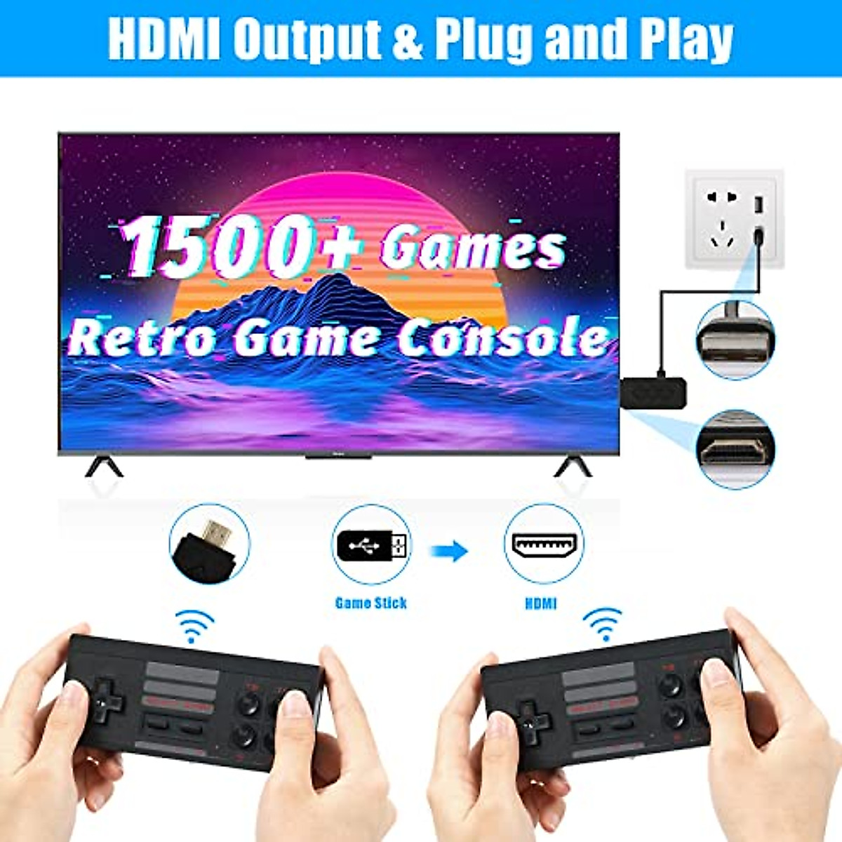 Corpower Wireless Retro Game Console, Built in 1500+ Classic Games HDMI Retro Game Stick Plug and Play Video Games for TV, with Dual 2.4G Wireless Controllers