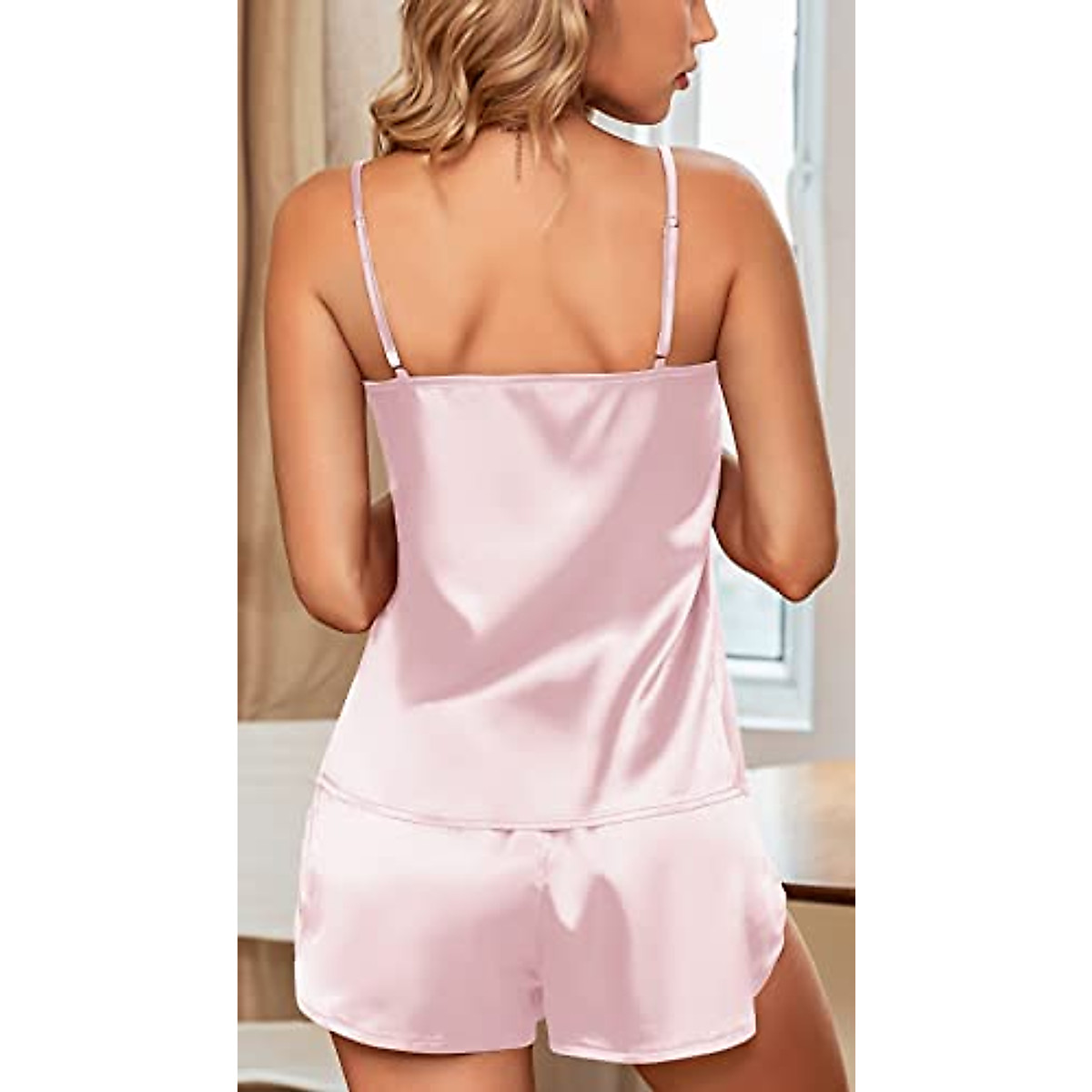 Silk Pajamas Set Women Satin Camisole Sleepwear Lingerie 2 Piece Pjs Cami Top and Shorts Sleepwear Pink S