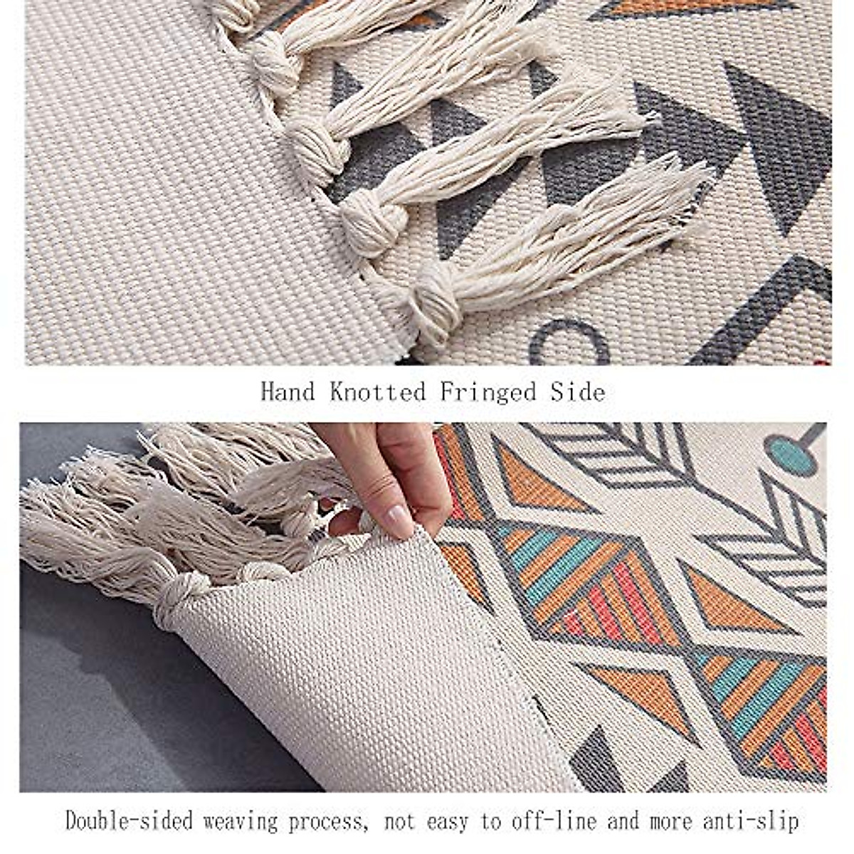 Yenslii Cotton Area Rug with Tassel, Bohemia Rug Hand Woven Print Rug 2'x4.3' Throw Rug for Bedroom, Kitchen, Laundry Room Washable (Beige)