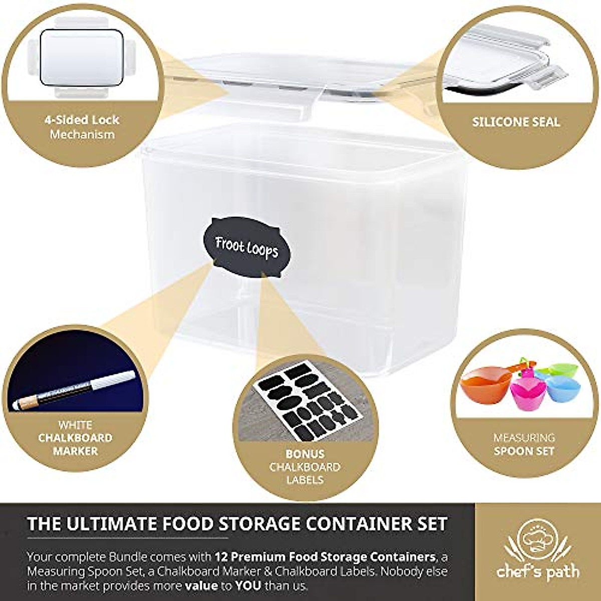 Chef's Path Airtight Food Storage Containers for Pantry Organization and Storage (12 PC Set) - BPA Free Baking Storage Containers Set- Kitchen Bulk Food Canisters for Sugar, Flour & Baking Supplies