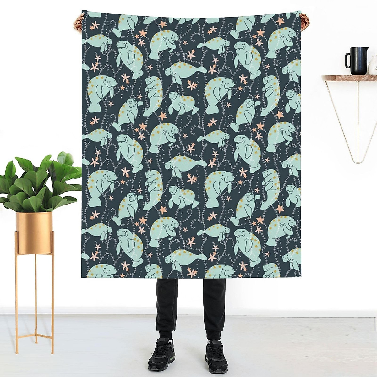 Plush Fluffy Throw Blanket Cute Manatee Sea Animals Starfish Bed Blanket for Boys Girls Teens Smooth Soft Flannel Blanket for Sofa Chair Office Travel Camping Outdoor Home Decor 50"x60"