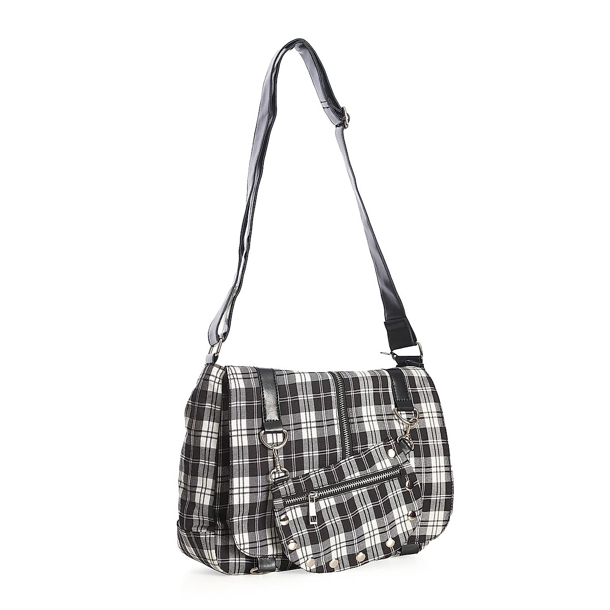 Punk Plaid Print Tartan Messenger Shoulder Bag Crossbody Handbag Women's Purse (Black/White)