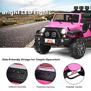 HONEY JOY 2 Seat Ride On Truck, 12V Off-Road Ride On Car with Remote Control, Slow Start, Spring Suspension, LED Lights, Music, 3 Speeds, Battery Powered Electric Vehicle for Two Kids(Pink)