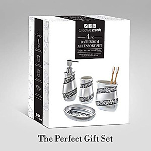 Creative Scents Grey Bathroom Accessories Set - 4 Piece Silver Mosaic Glass Luxury Bathroom Gift Set, Includes Soap Dispenser, Toothbrush Holder, Tumbler & Soap Dish – Finished in Stunning Silver