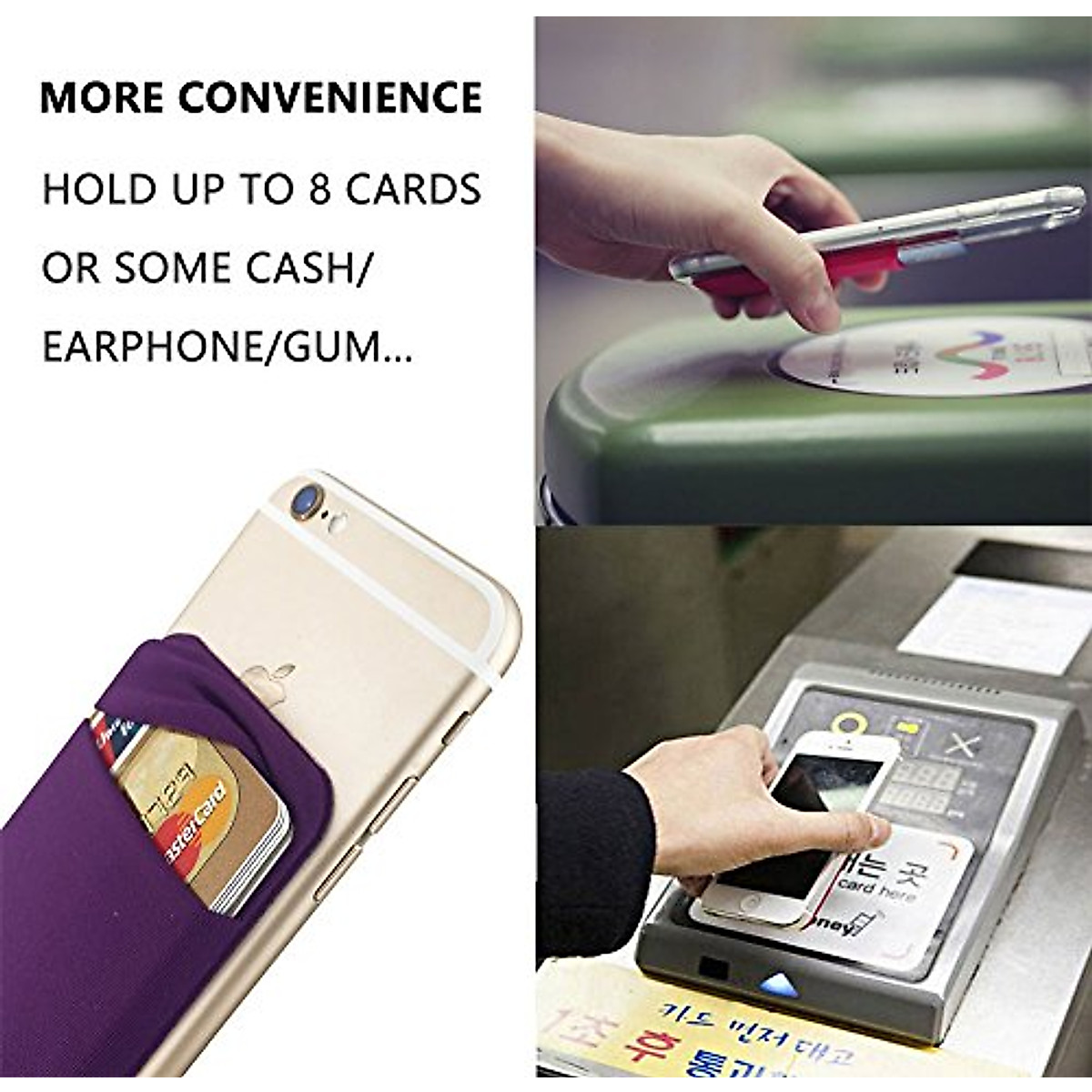 3Pack Cell Phone Card Holder Double Pocket for Back of Phone for ID/Credit Cards,Stick On Card Wallet Sticker Stretchy Lycra Fabric for iPhone,Android and Smartphones-Purple&Silver&Black…