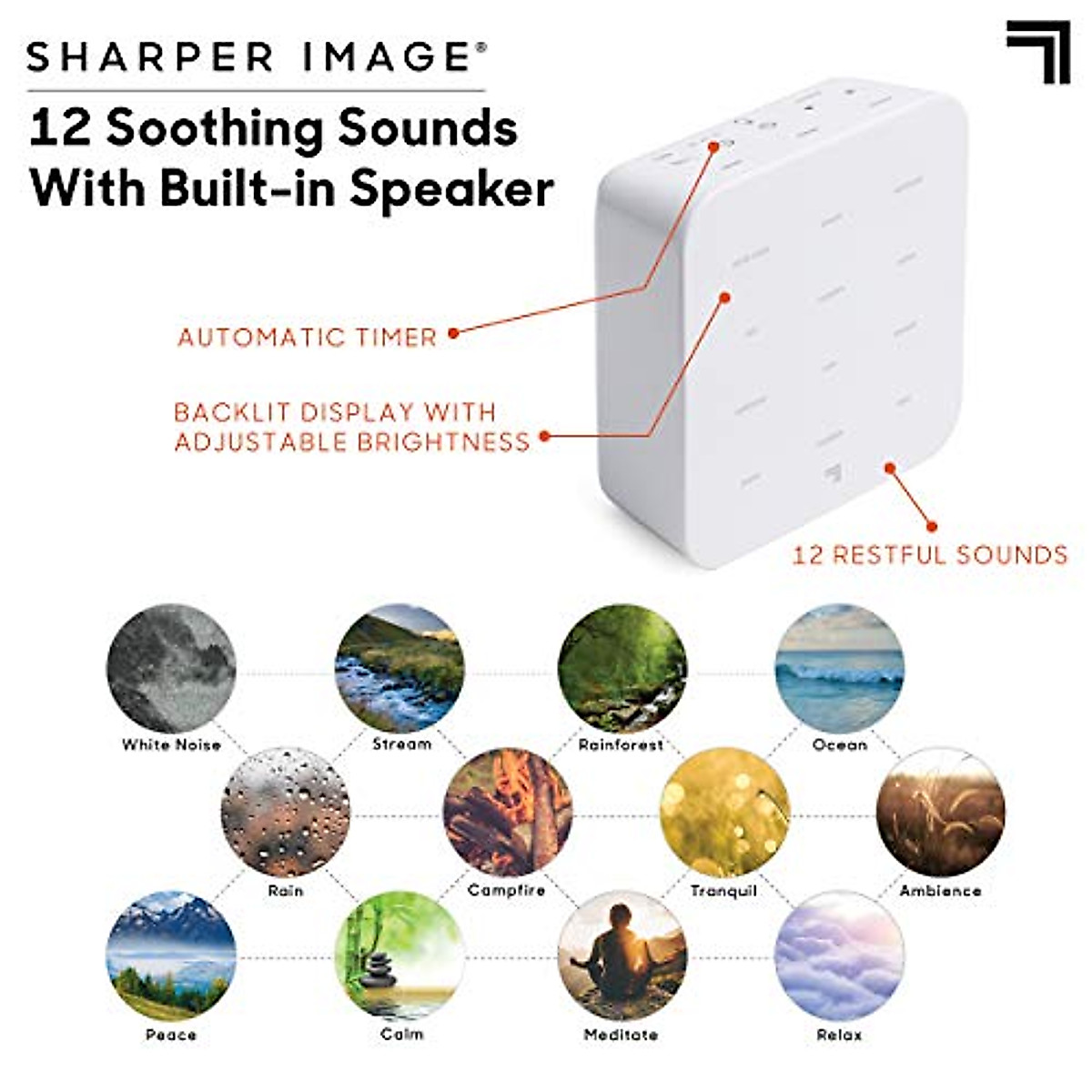 SHARPER IMAGE Ultimate Sleep White Noise Sound Machine for Adults and Baby, Portable Relaxing Music and Nature Sounds Therapy, Aids Sleeping, Stress and Anxiety Relief, with USB Cord