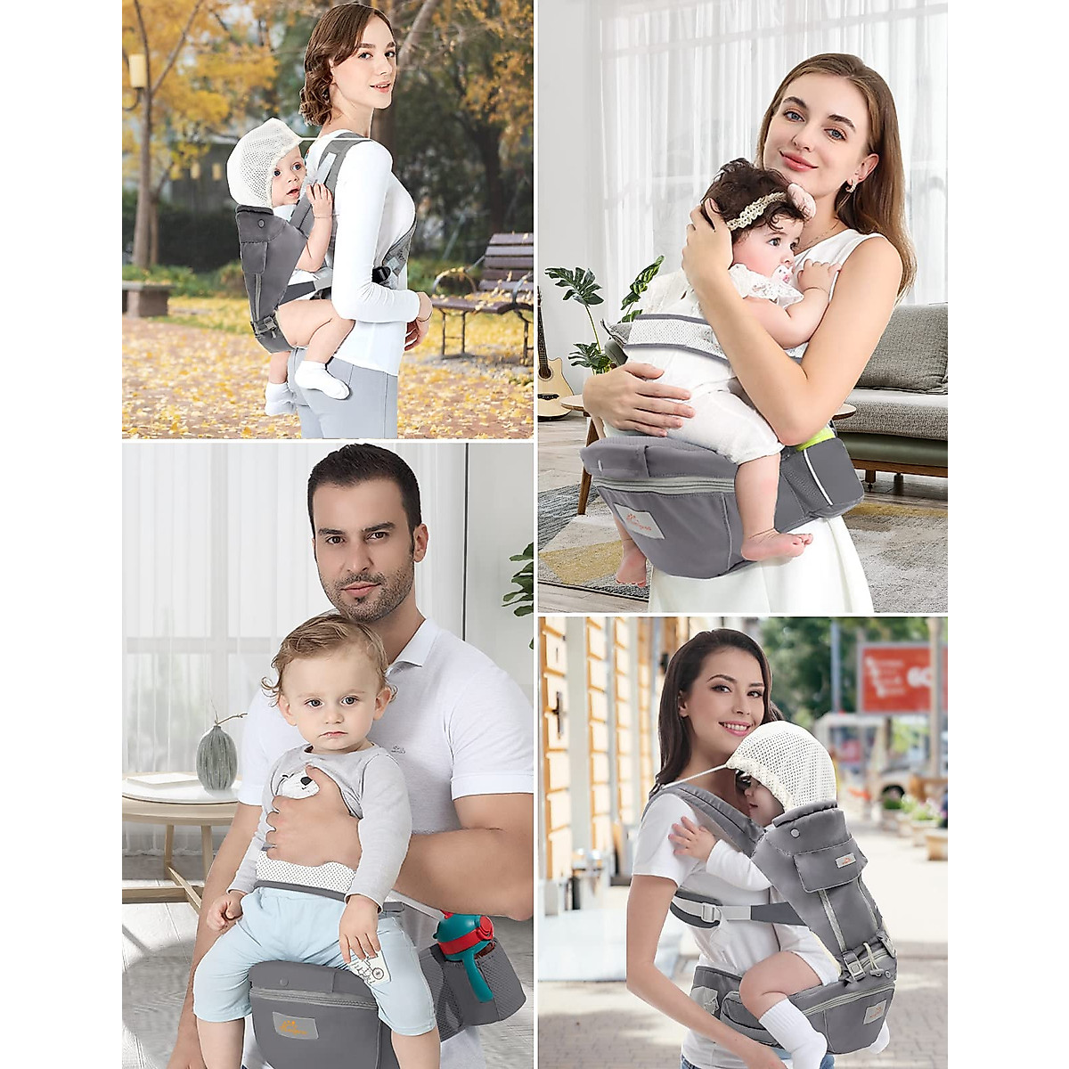 Baby Carrier with Hip Seat, Mumgaroo Baby Carrier Newborn to Toddler All Seasons & All Position Hip Baby Carrier with Hood & Extra Safety Belt, Baby Holder Carrier for Breastfeeding, Infant & Toddler