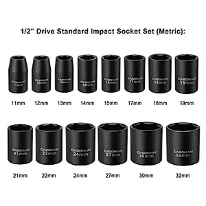 CASOMAN 14 Pieces 1/2-Inch Drive Shallow Impact Socket Set, Metric, 6-Point, 11mm to 32mm