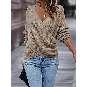 SweatyRocks Women's Casual Long Sleeve Drop Shoulder V Neck Wrapped Pullover Sweater Top Khaki Medium