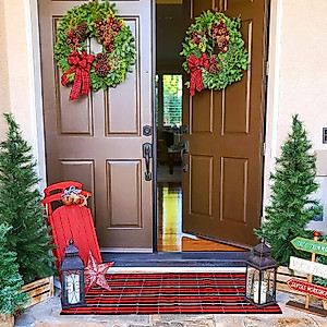 YINLUMY Christmas Buffalo Plaid Outdoor Doormat 23.6” x 51.2 Black/Red Checkered Rug,Cotton Hand-Woven Washable Front Layered Door Mats Reversible Fall Porch Rug for Farmhouse/Entryway/Patio